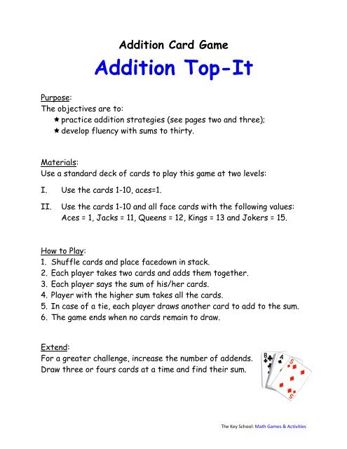 Addition Card Game Addition Top-It - Key School