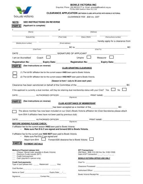 Clearance form - Bowls Victoria