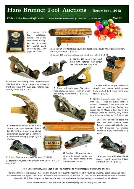 Hans Brunner Tool Auctions December 1, 2012 - Hans Brunner Tools