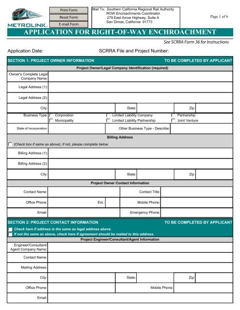 Right of Way Encroachment Application - Metrolink