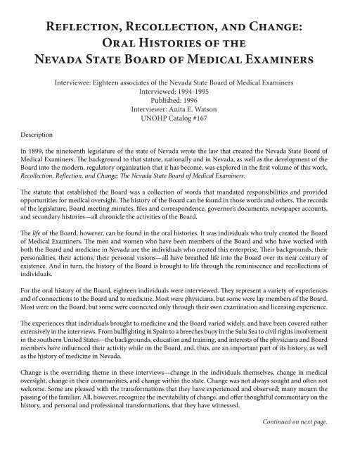 Reflection, Recollection and Change: Oral Histories of the Nevada ...