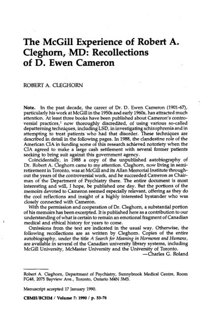 Recollections of D. Ewen Cameron