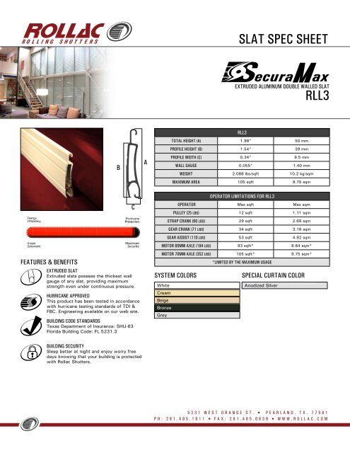 SLAT SPEC SHEET RLL3 - Rollac Shutter of Texas, Inc.