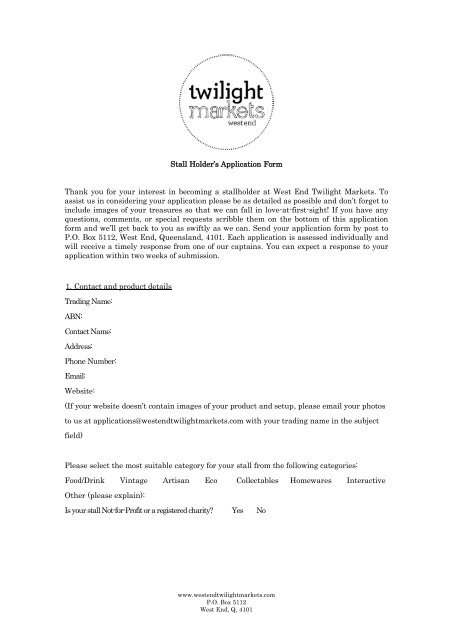 Stall Holder's Application Form Thank you for your interest in ...