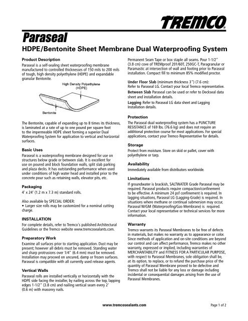 Paraseal Data Sheet - Tremco Sealants Paraseal Data Sheet - Tremco Sealants