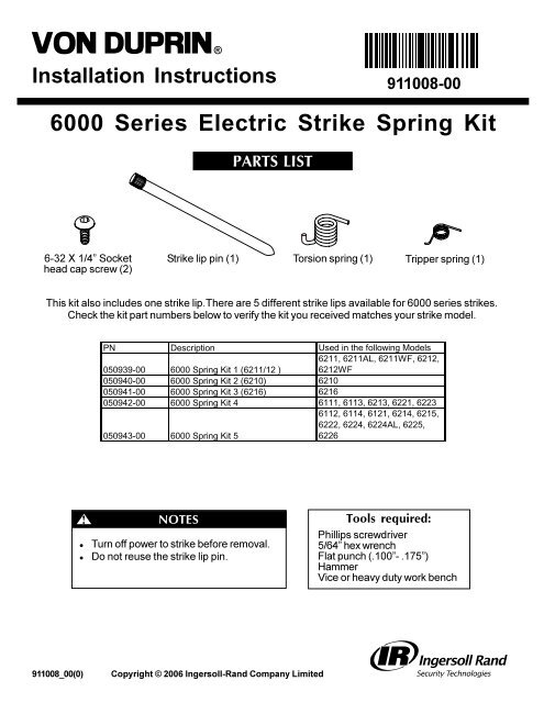 6000 Series Electric Strike Spring Kit PARTS LIST Von Duprin
