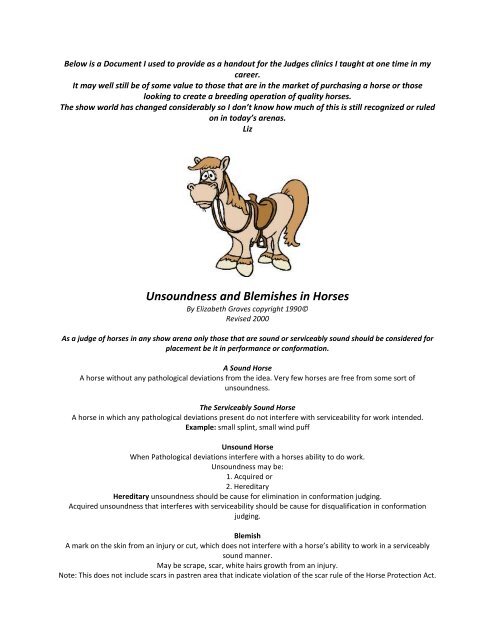 Unsoundness and Blemishes in Horses - Liz Graves