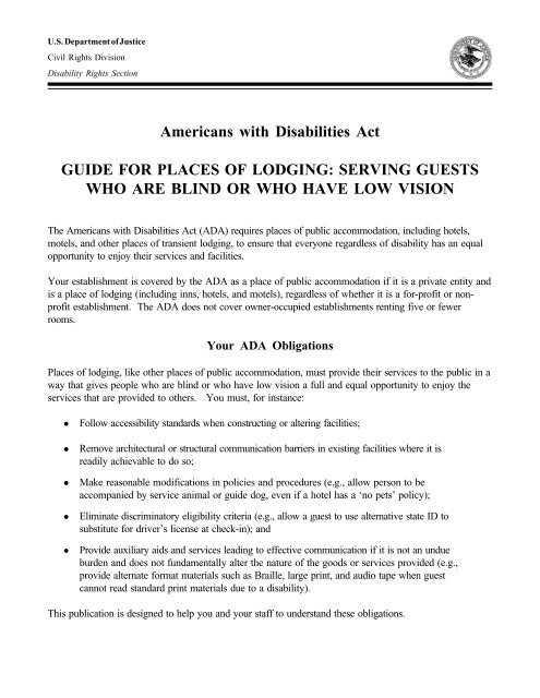 Serving Guests Who Are Blind or Who Have Low Vision - ADA.gov