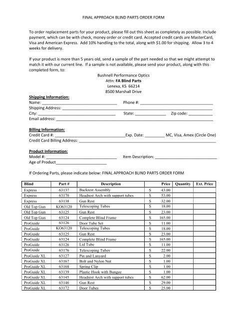 FINAL APPROACH BLIND PARTS ORDER FORM To ... - FA Brand