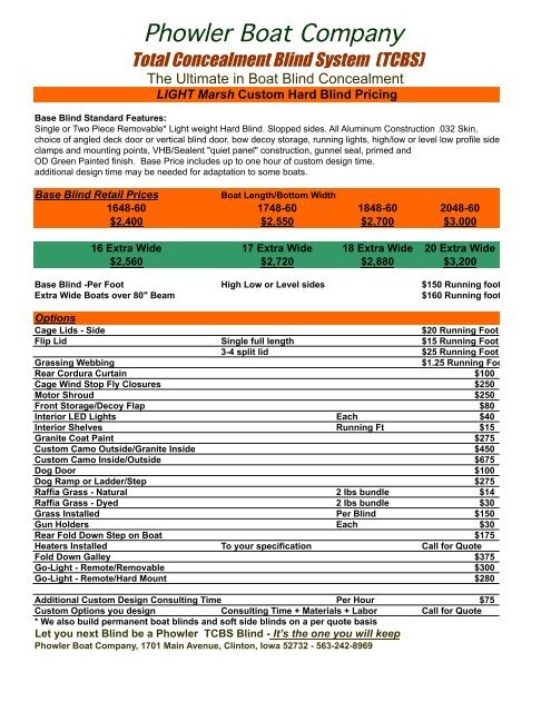 TCBS Retail Cost Sheet- Light Marsh Blind - Phowler Boat Company