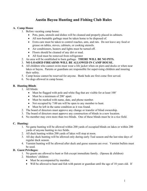 Austin Bayou Hunting and Fishing Club Rules