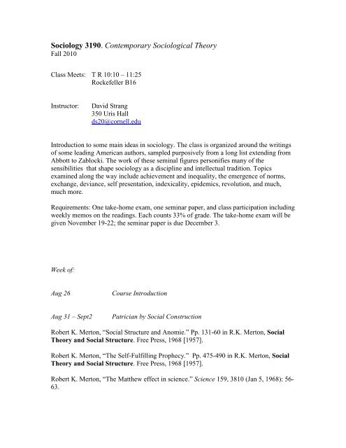 Sociology 3190. Contemporary Sociological Theory - Cornell ...