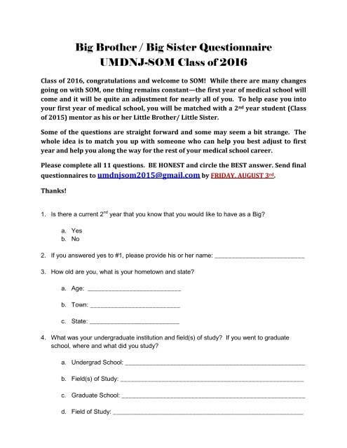 Big Brother / Big Sister Questionnaire UMDNJ-SOM Class of 2016