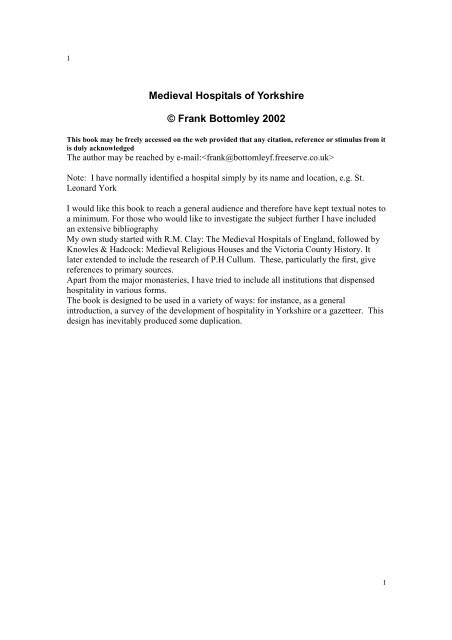 Medieval Hospitals of Yorkshire © Frank Bottomley 2002 - Zurgy.org