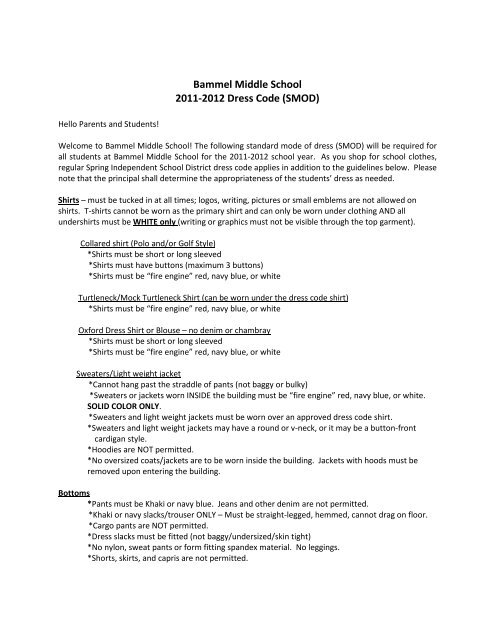 Bammel Middle School 2011-2012 Dress Code (SMOD) - Spring ...