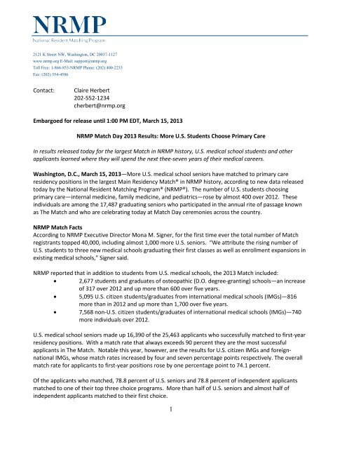 NRMP Match 2013 Results - National Resident Matching Program