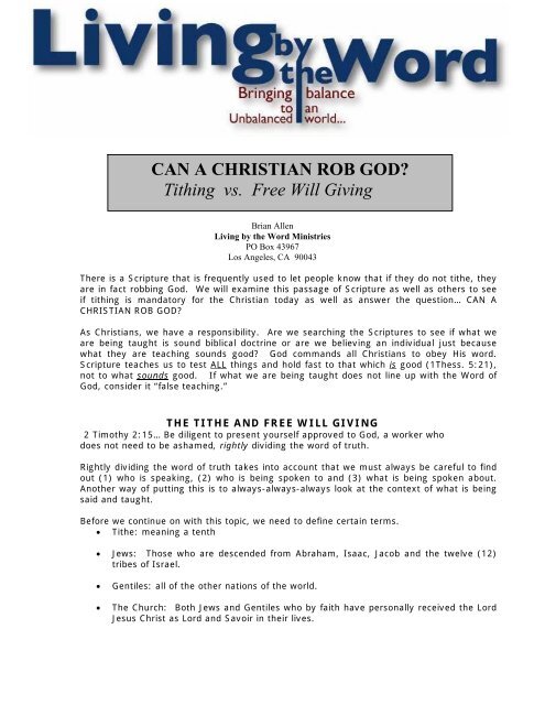 CAN A CHRISTIAN ROB GOD? Tithing vs. Free Will Giving - LBTW