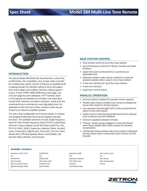 Model 284 Multi-Line Tone Remote Spec Sheet - Zetron