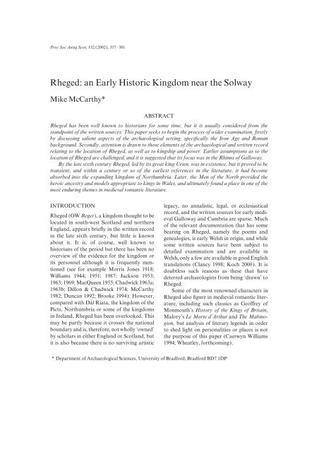 Rheged: an Early Historic Kingdom near the Solway - Archaeology ...