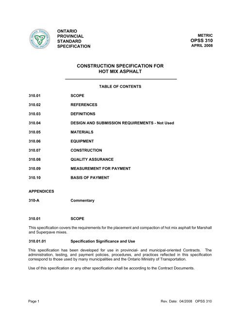 opss 310 construction specification for hot mix asphalt - Ontario.ca