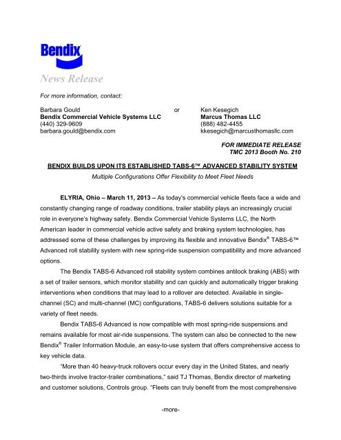 Bendix Enhances Its Established TABS-6™ Advanced Stability