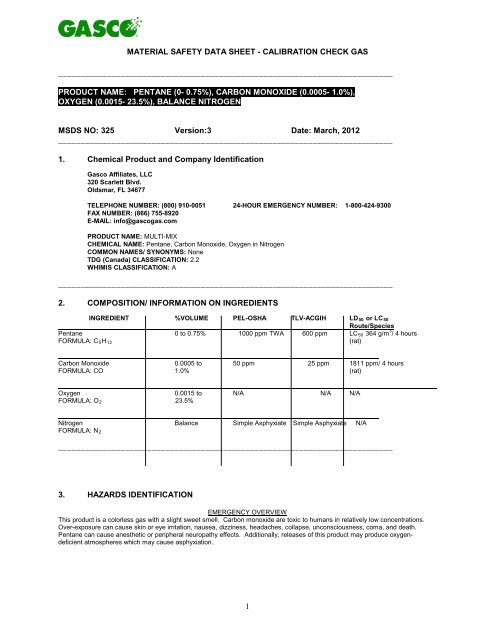 material safety data sheet - calibration check gas - Gasco Affiliates llc