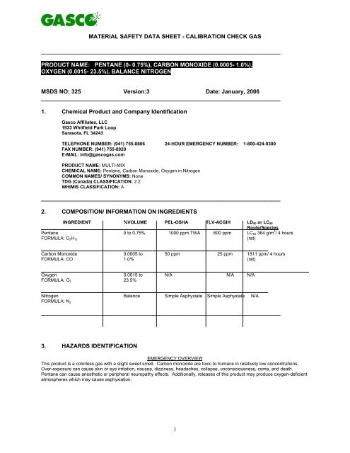 MATERIAL SAFETY DATA SHEET - CALIBRATION CHECK GAS 1