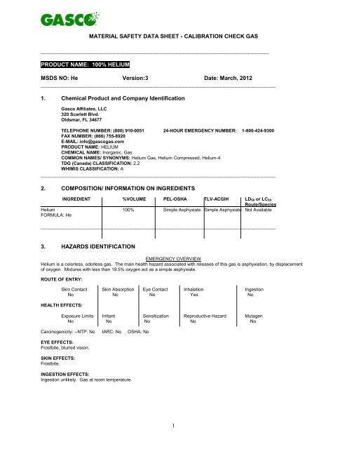 material safety data sheet - calibration check gas - Gasco Affiliates llc