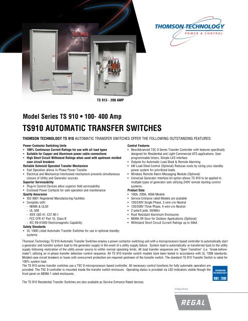 TS910 AUTOMATIC TRANSFER SWITCHES - Thomson Technology