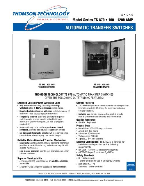 AUTOMATIC TRANSFER SWITCHES - Thomson Technology