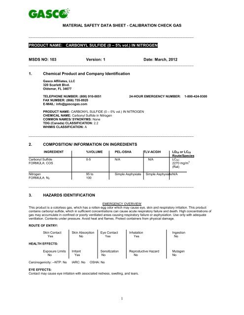 material safety data sheet - calibration check gas - Gasco Affiliates llc