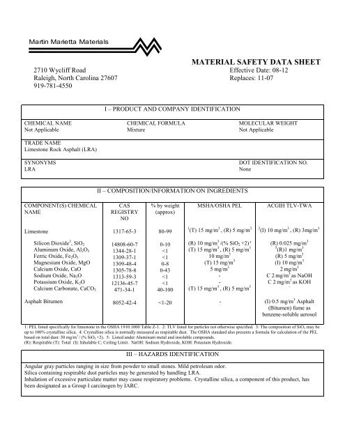 Limestone Rock Asphalt (LRA) MSDS - Martin Marietta Materials