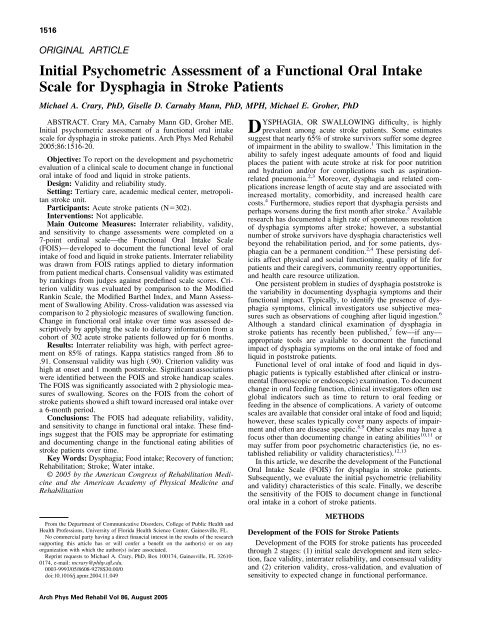 Initial Psychometric Assessment of a Functional Oral Intake Scale for ...