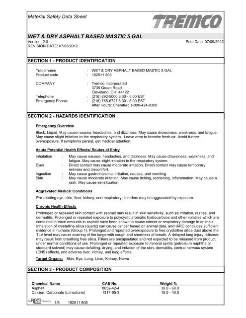 ELITE Wet Dry Asphalt Based Mastic - US MSDS - Tremco Roofing
