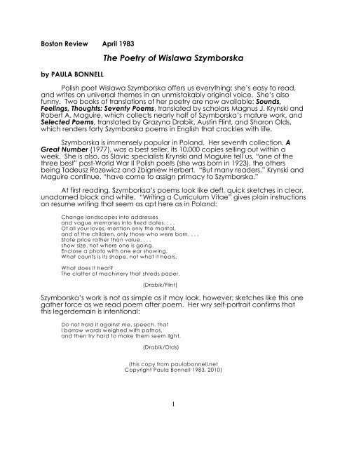The Poetry of Wislawa Szymborska - Paula Bonnell