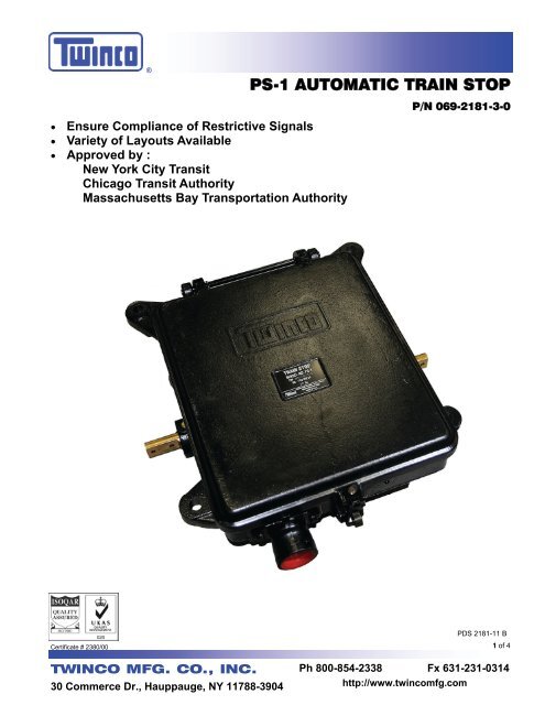 PS-1 AUTOMATIC TRAIN STOP - Twinco Mfg. Co., Inc.