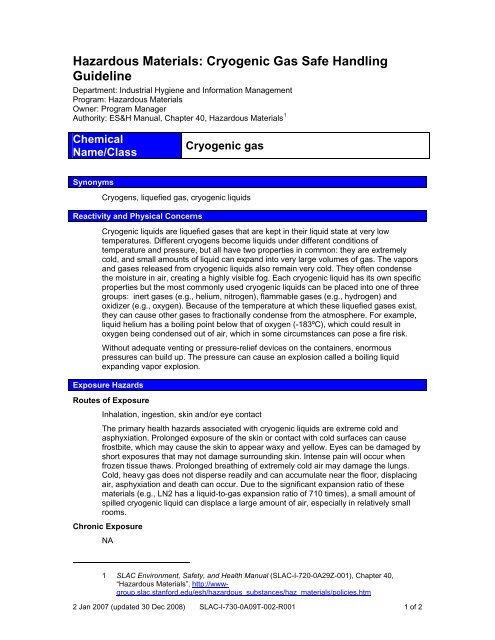 Hazardous Materials: Cryogenic Gas Safe Handling Guideline