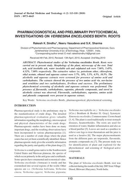 pharmacognostical and preliminary phytochemical investigations