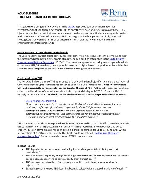 IACUC GUIDELINE TRIBROMOETHANOL USE IN MICE AND RATS