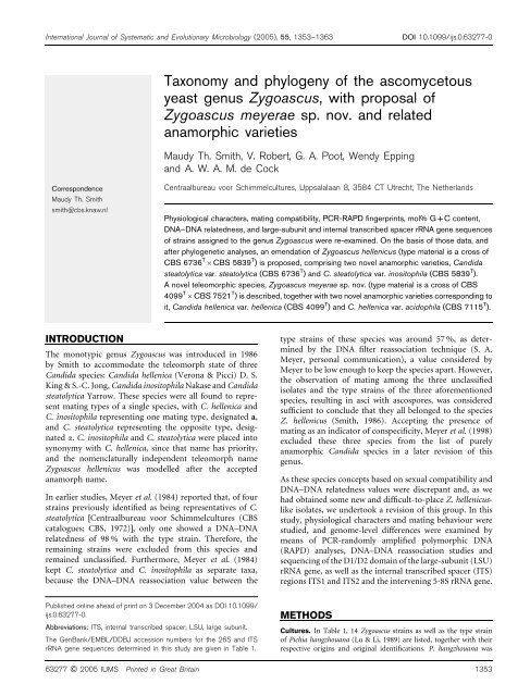 Taxonomy and phylogeny of the ascomycetous yeast genus ...
