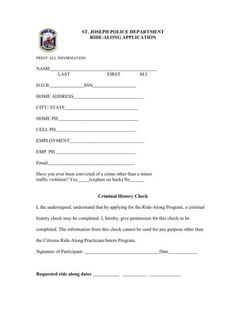 ST. JOSEPH POLICE DEPARTMENT RIDE-ALONG APPLICATION ...