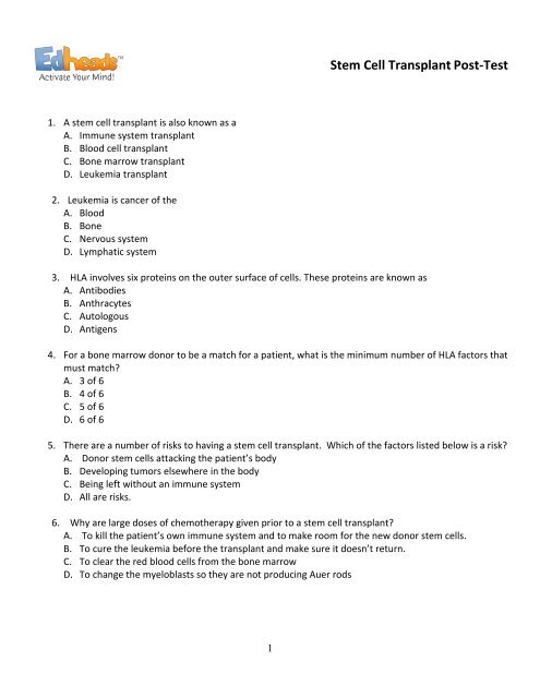 Stem Cell Transplant Post-Test - Edheads