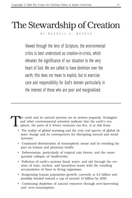 The Stewardship of Creation - Baylor University