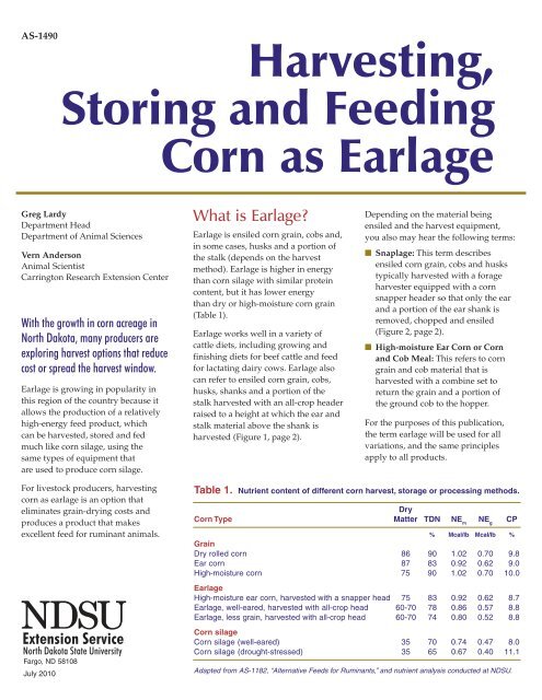 Harvesting, Storing and Feeding Corn as Earlage - NDSU Agriculture
