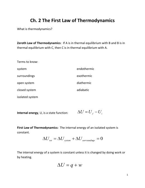 Ch. 2 The First Law of Thermodynamics - USC Upstate: Faculty
