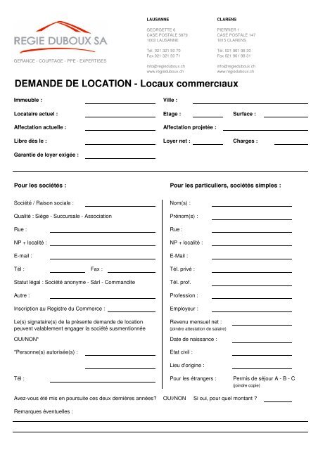 Demande location - Commerciaux - Régie Duboux