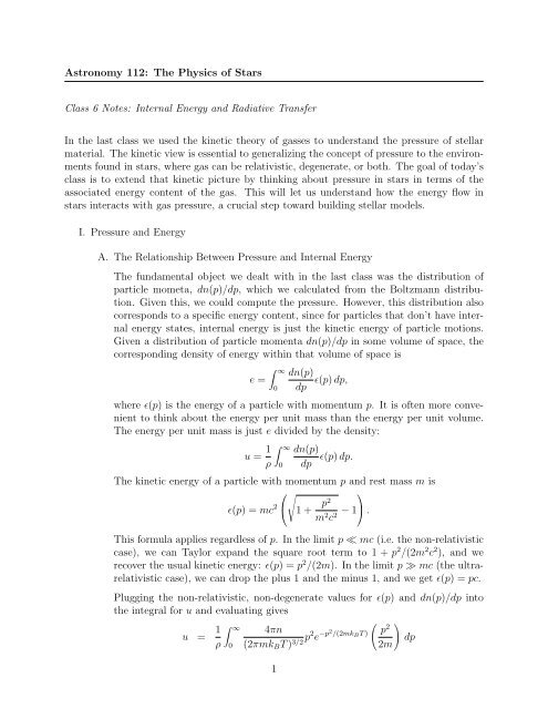 Astronomy 112: The Physics of Stars Class 6 Notes: Internal Energy ...