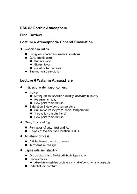 ESS 55 Earth's Atmosphere Final Review Lecture 5 Atmospheric ...