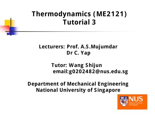 Thermodynamics (ME2121) Tutorial 3 - NUS