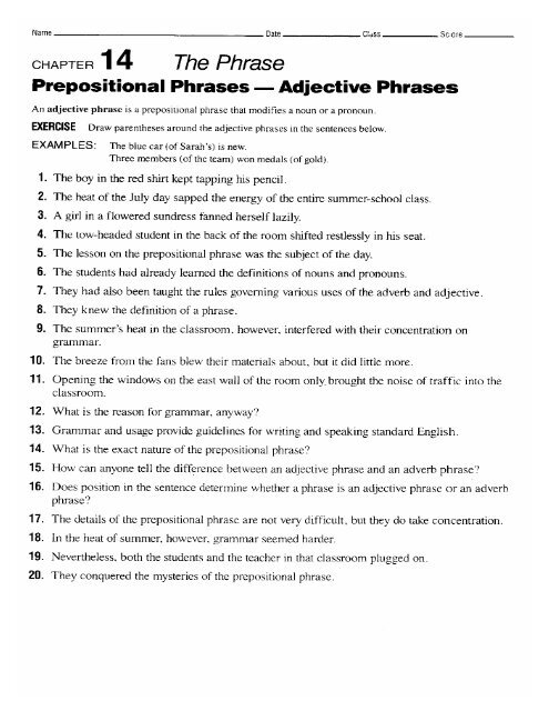 Grammar WS #26 Prepositional Phrases